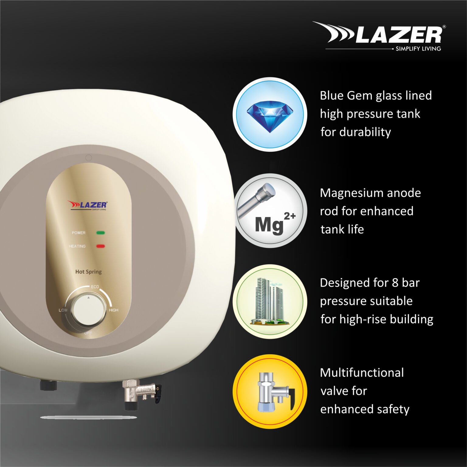 Lazer Hot Spring Storage Water Geyser Vertical Glasslined 5 Star,Ivory