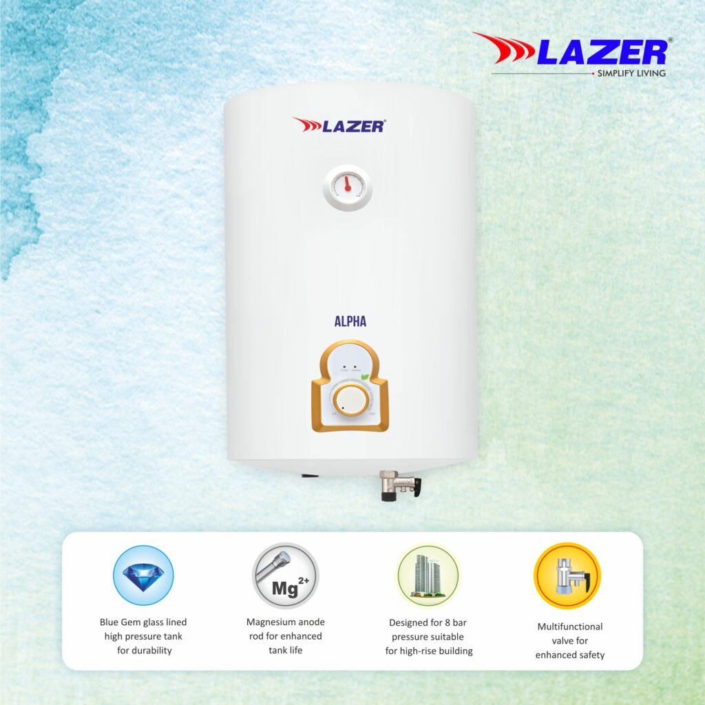 Lazer ALPHA Storage Water Geyser Vertical Glassline 5 Star, White